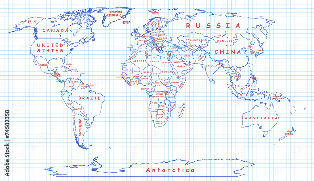 Political map of the world drawn with blue pen Stock Vector | Adobe Stock
