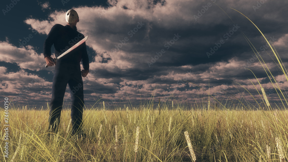 Serial killer with white mask holding bloody knife. Standing in Stock ...