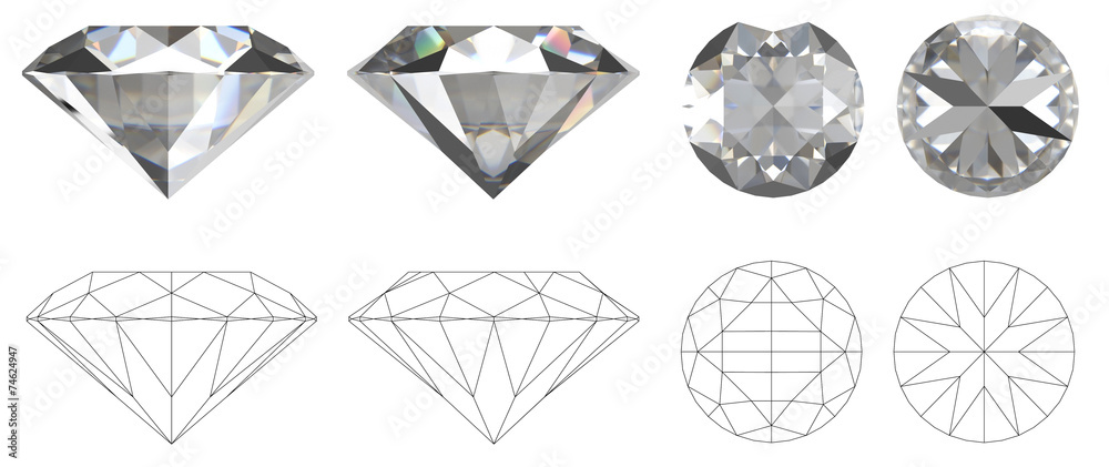 Image of diamond from four sides with technical drawing of folds Stock ...