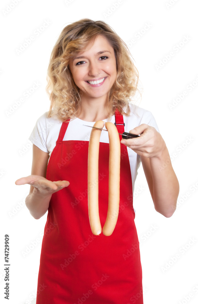 Lachende Wurstverkäuferin präsentiert frischen Wienern Stock-Foto ...