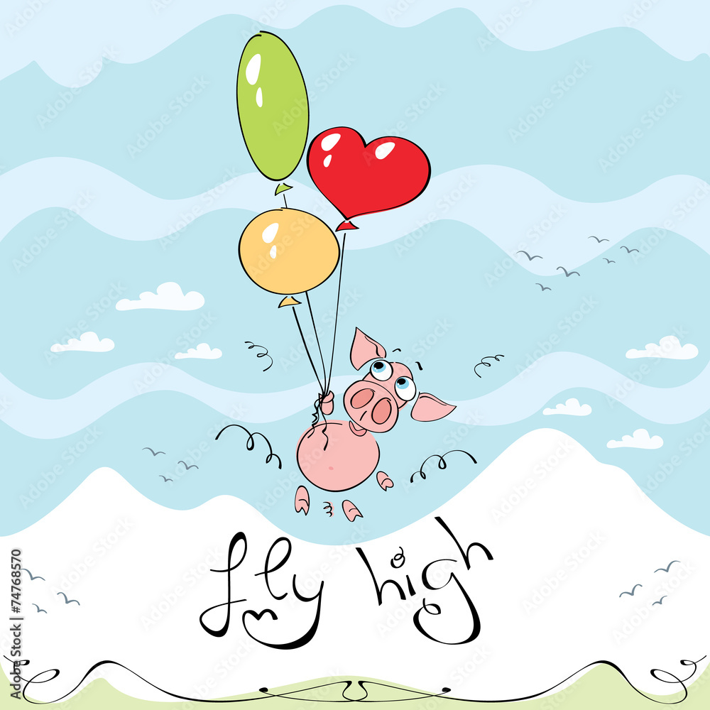 Vector of cute pig flying high in the sky with three balloons Stock ...
