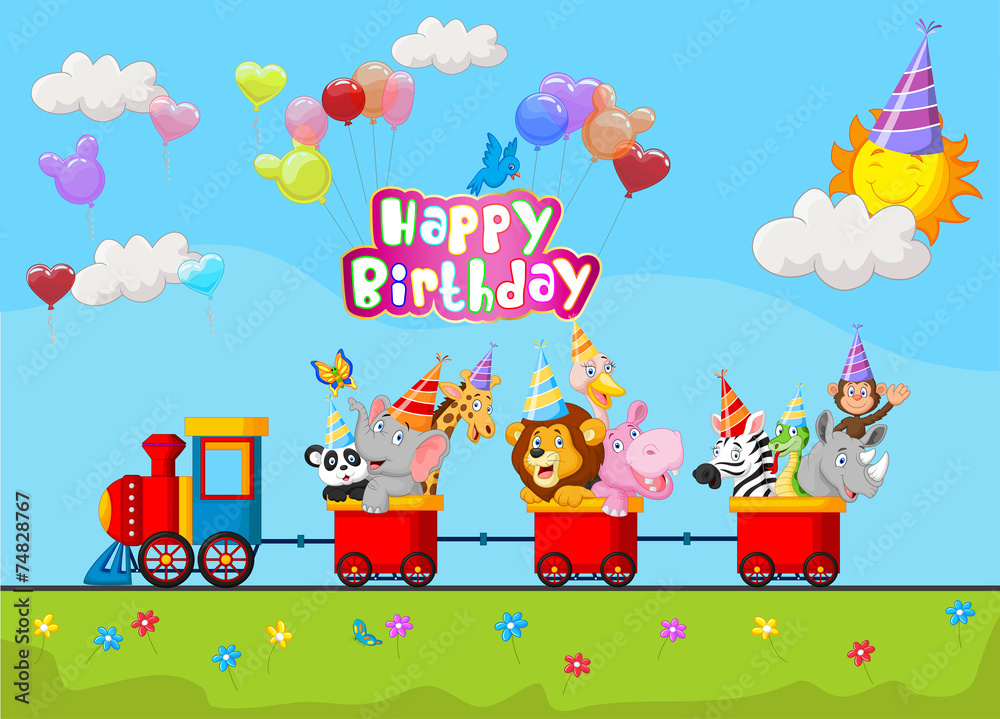 Birthday background with happy animal on train Stock Vector | Adobe Stock