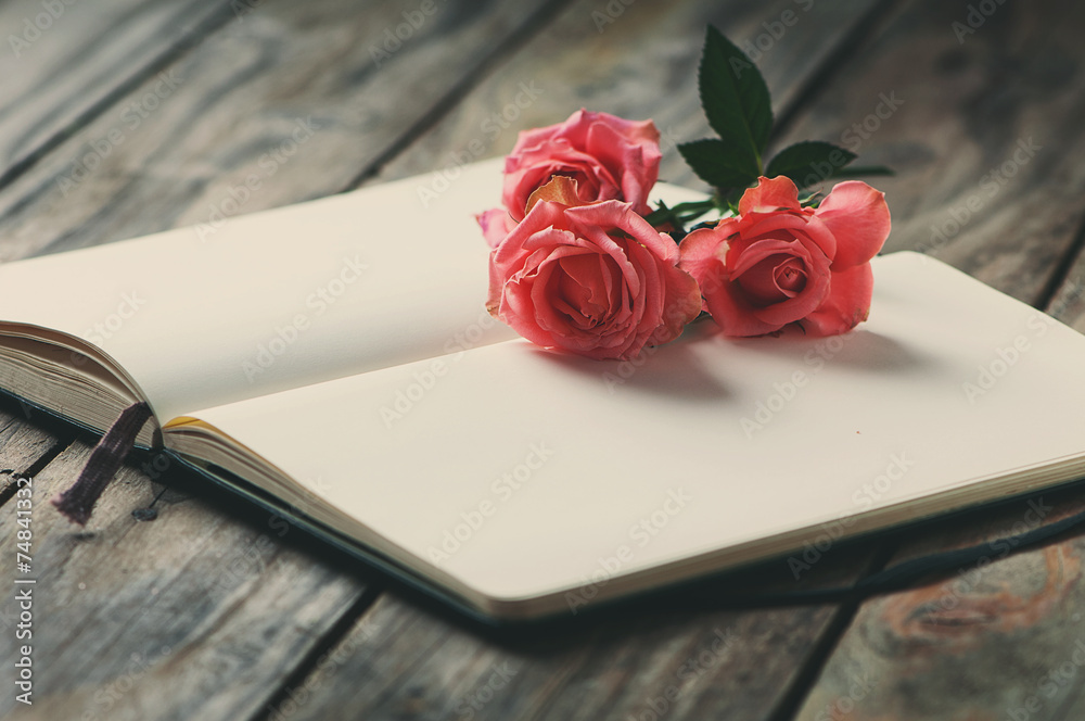 Elegant open book with pink roses Stock Photo | Adobe Stock