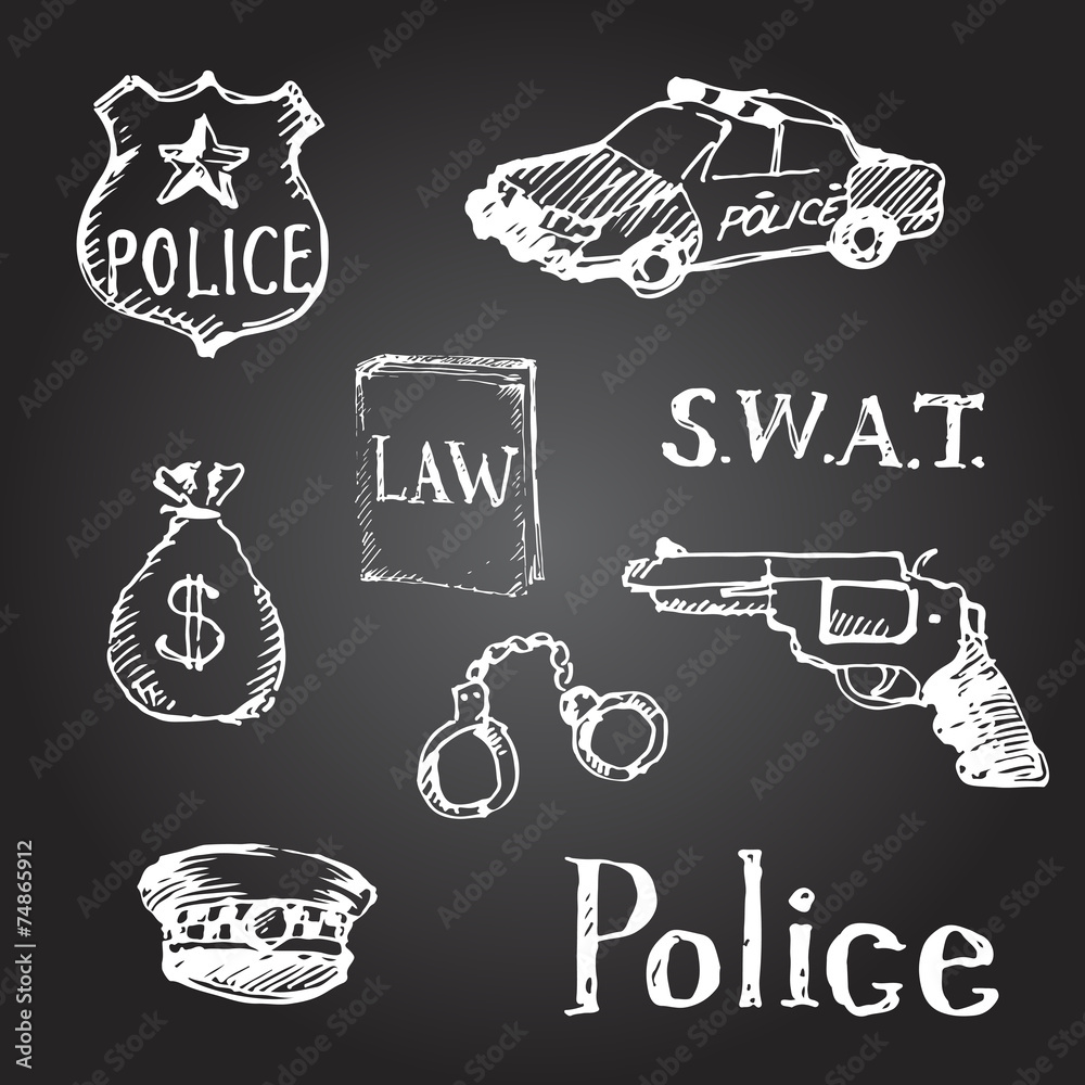 Set of hand drawn police symbols. Vector illustration. Stock Vector ...