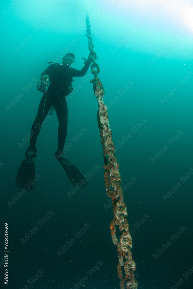Diver, boat wreck in Ambon, Maluku, Indonesia underwater Stock Photo ...