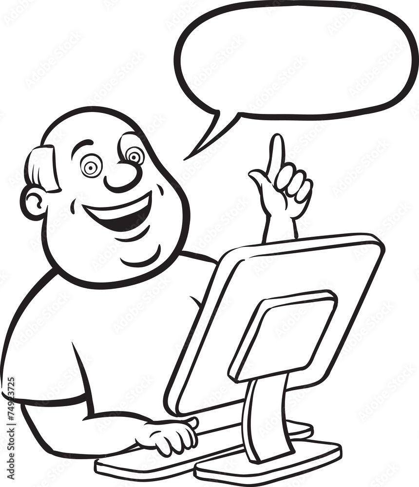 whiteboard drawing - cartoon fat man with desktop computer Stock Vector ...