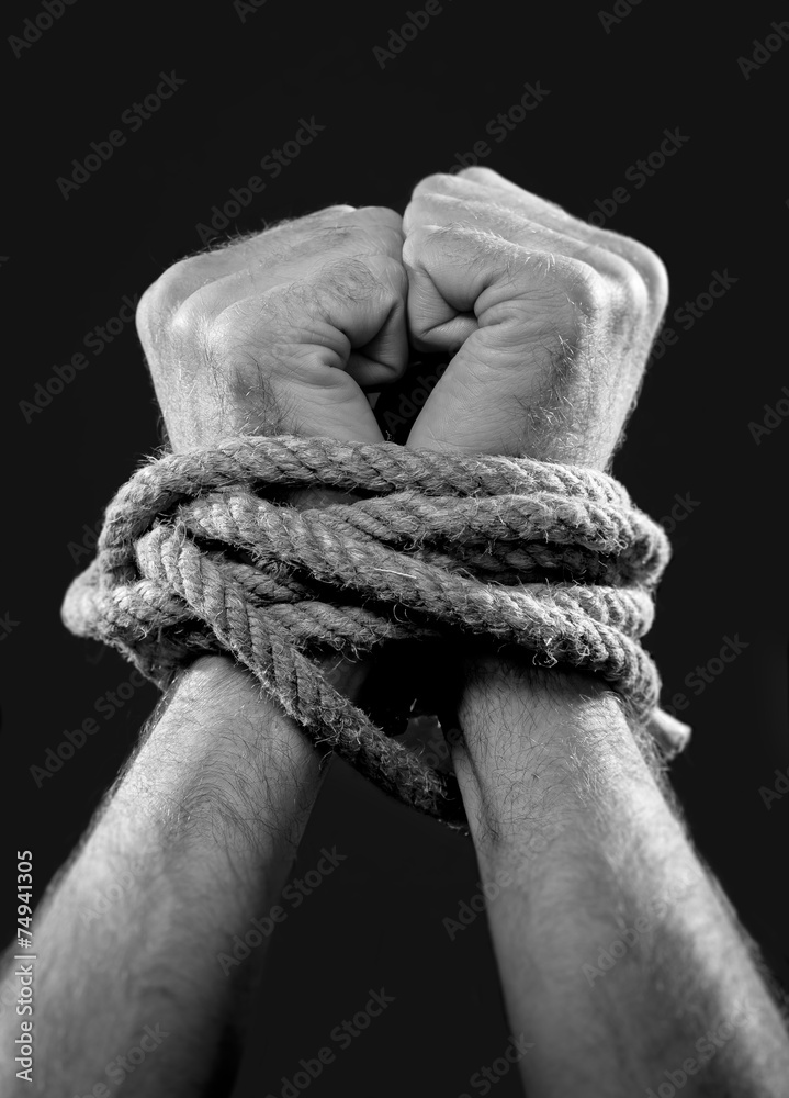 white man hands wrapped rope around wrists victim abused concept Stock ...