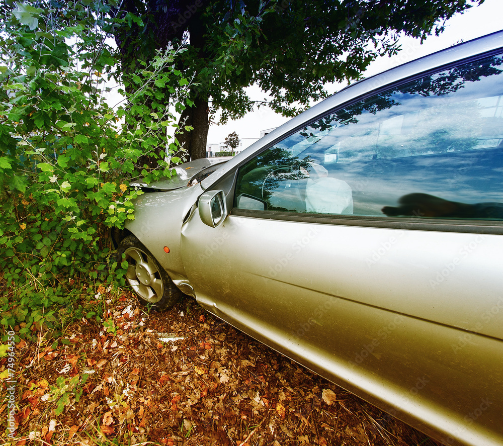 Accident car crash on an city road against a tree Stock Photo | Adobe Stock