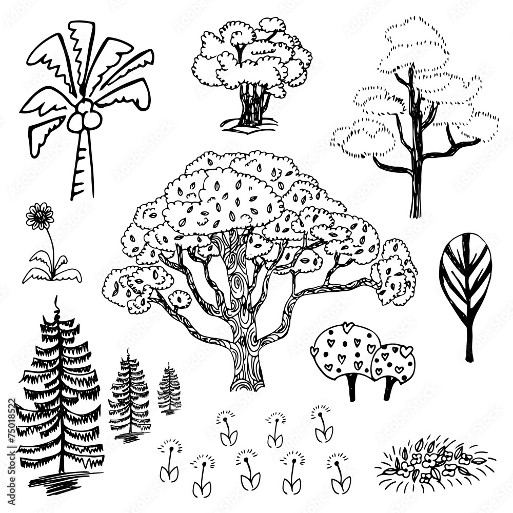 Tree and flower sketch outline vector set on white background Stock ...
