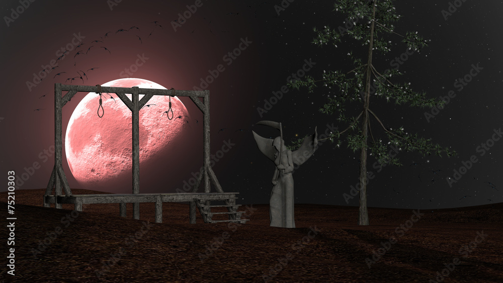 Angel of Death - Spooky Night with Gallows, Crows and Red Moon Stock ...