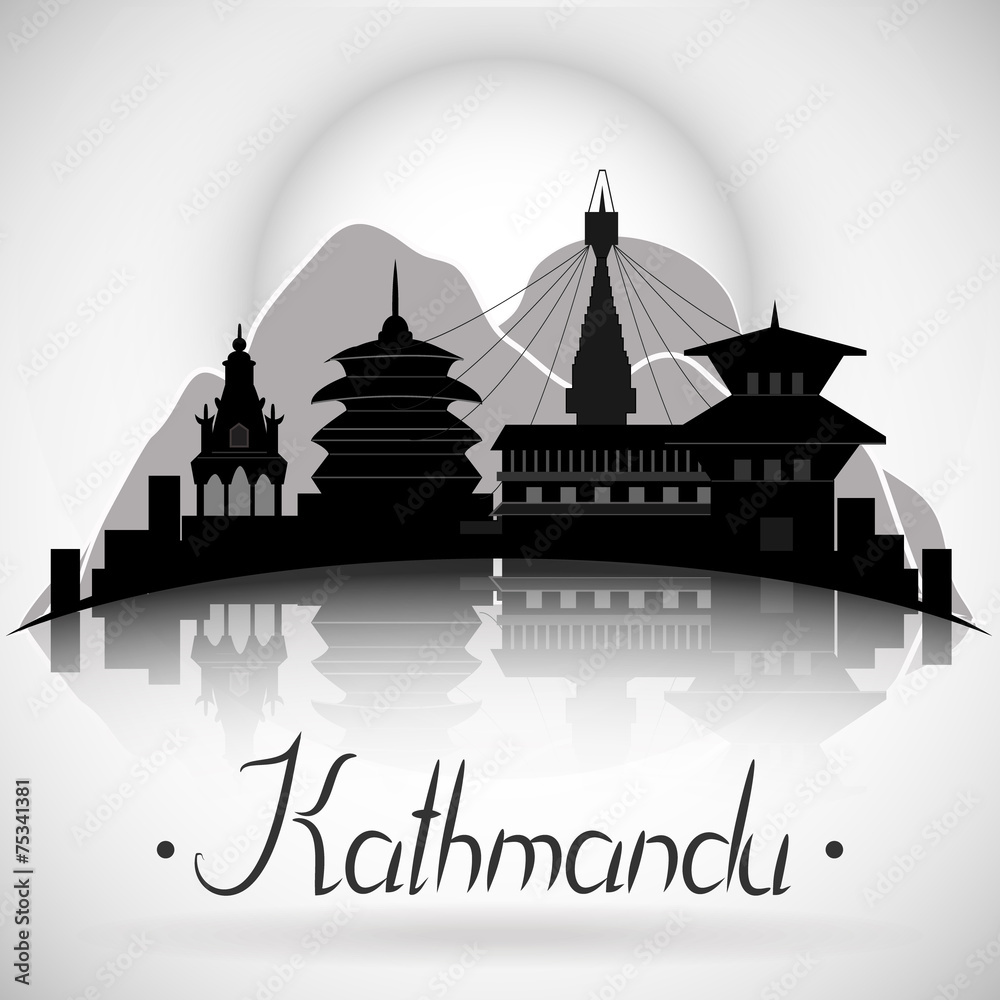 Kathmandu Nepal city skyline with reflection. Vector silhouette Stock ...