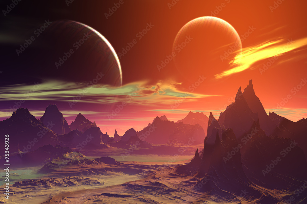 3D rendered fantasy alien planet. Rocks and moon Stock Illustration ...