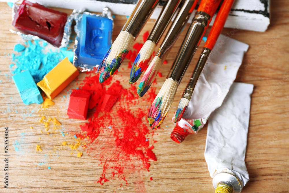Beautiful still life with professional art materials, close up Stock ...