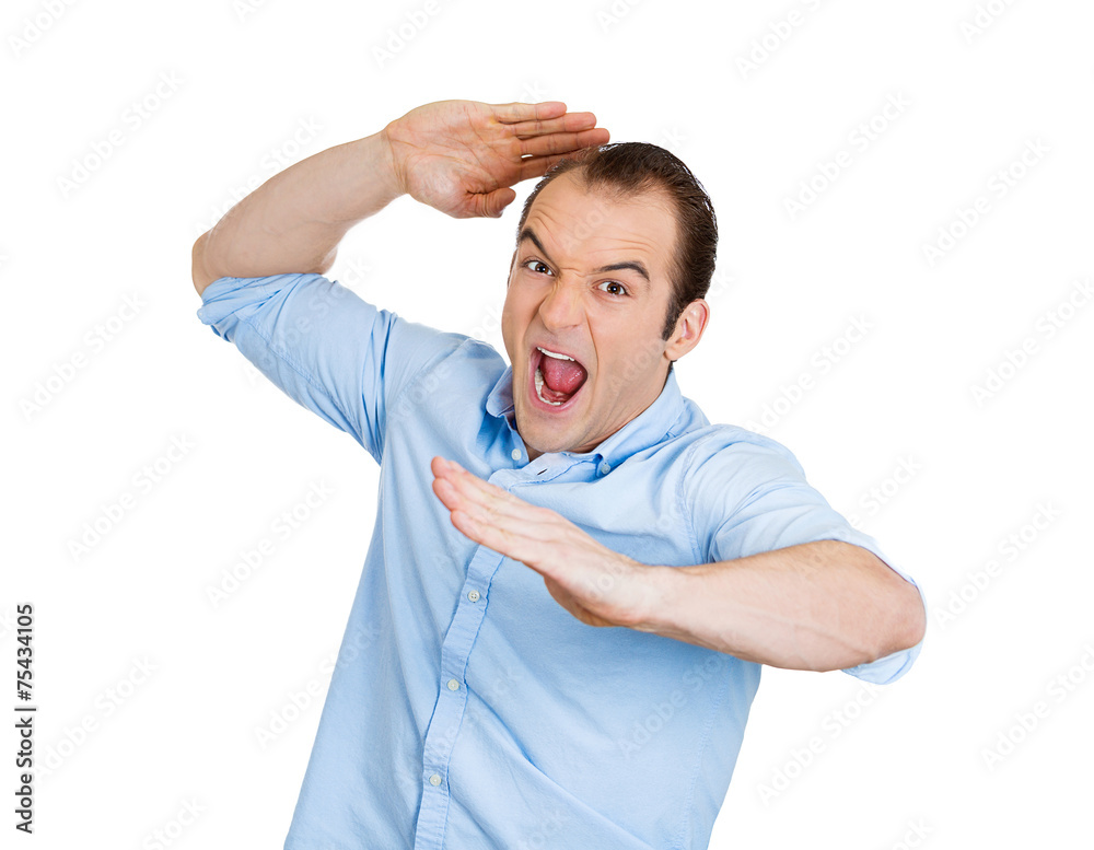 angry, mad, furious man raising hands in air with karate chop Stock ...