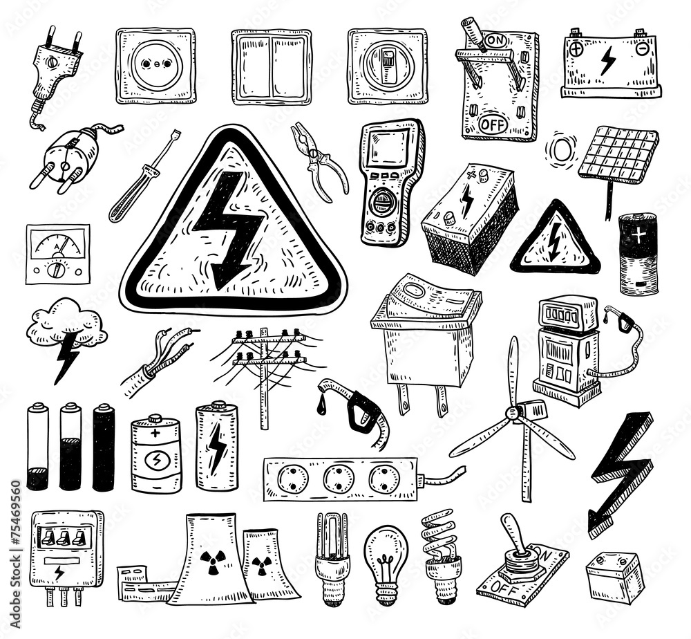 Electricity Doodle icon collection, vector illustration. Stock Vector ...