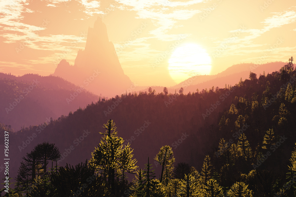 Photo Prehistoric Jurassic Jungle in the Sunset Sunrise 3D artwork ...