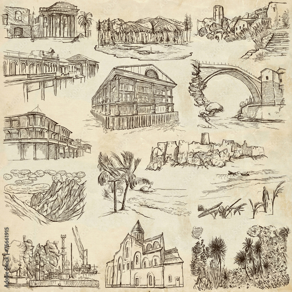 famous places and architecture - hand drawings Stock Illustration ...