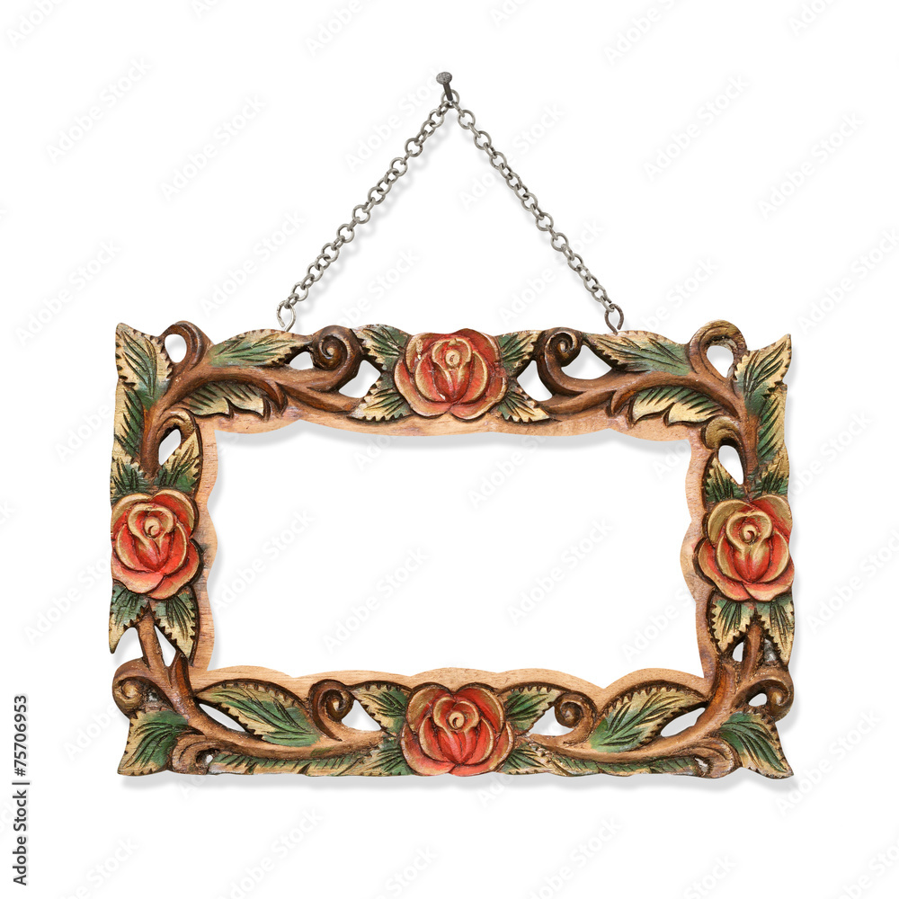 wooden frame carved with chain hanging on white Stock Photo | Adobe Stock
