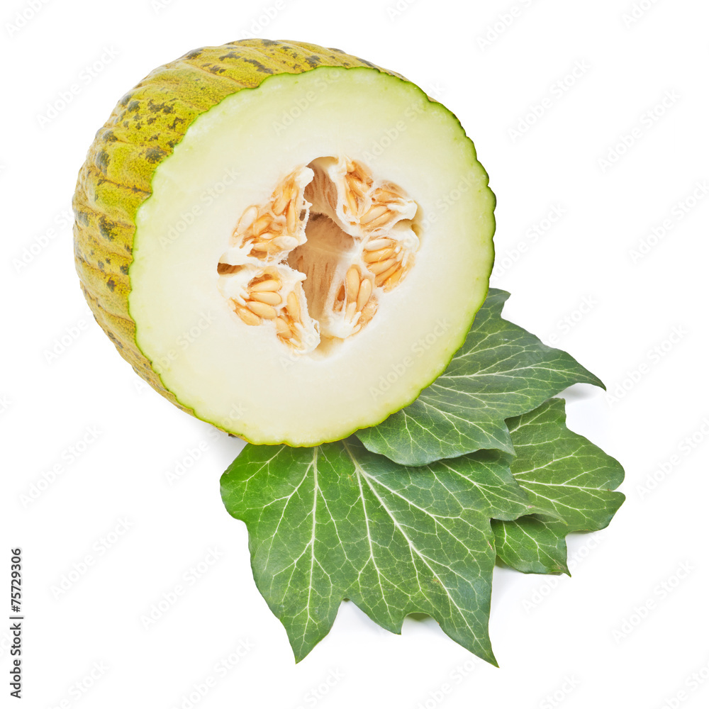 Ripe melon Pela de Sapo with green leaves isolated on white bac Stock ...