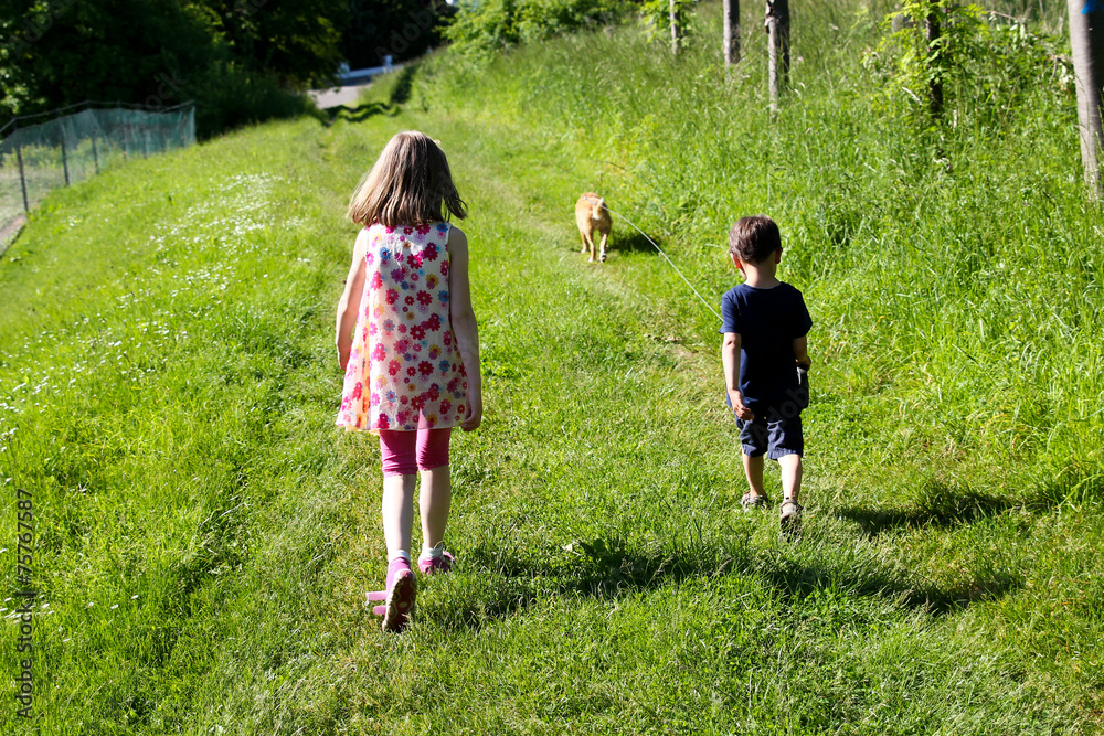 Kinder von hinten beim Spaziergang mit Hund Stock Photo | Adobe Stock