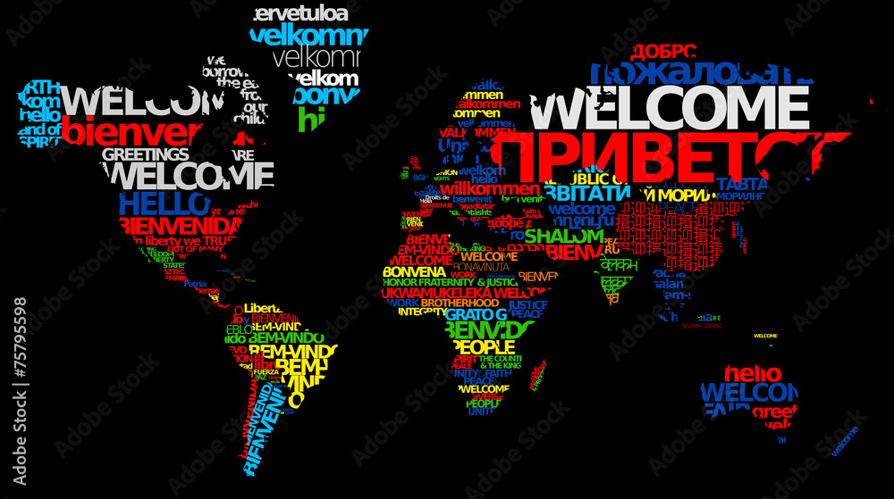 Welcome world map multicolor word text tag cloud greeting Stock ...
