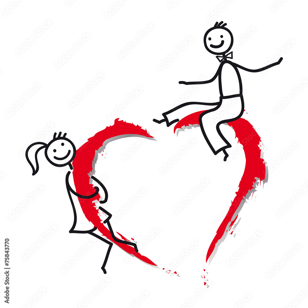 Verliebtes Paar auf rotem Herz beim Flirten, verliebt, verlobt ...