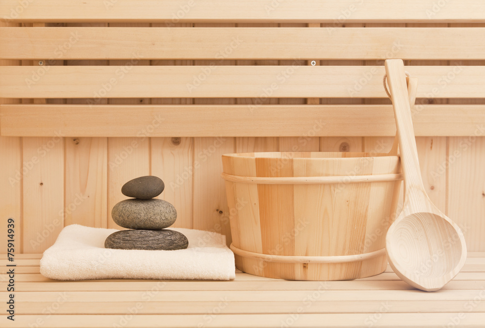 sauna and spa accessories with zen stones Stock Photo | Adobe Stock