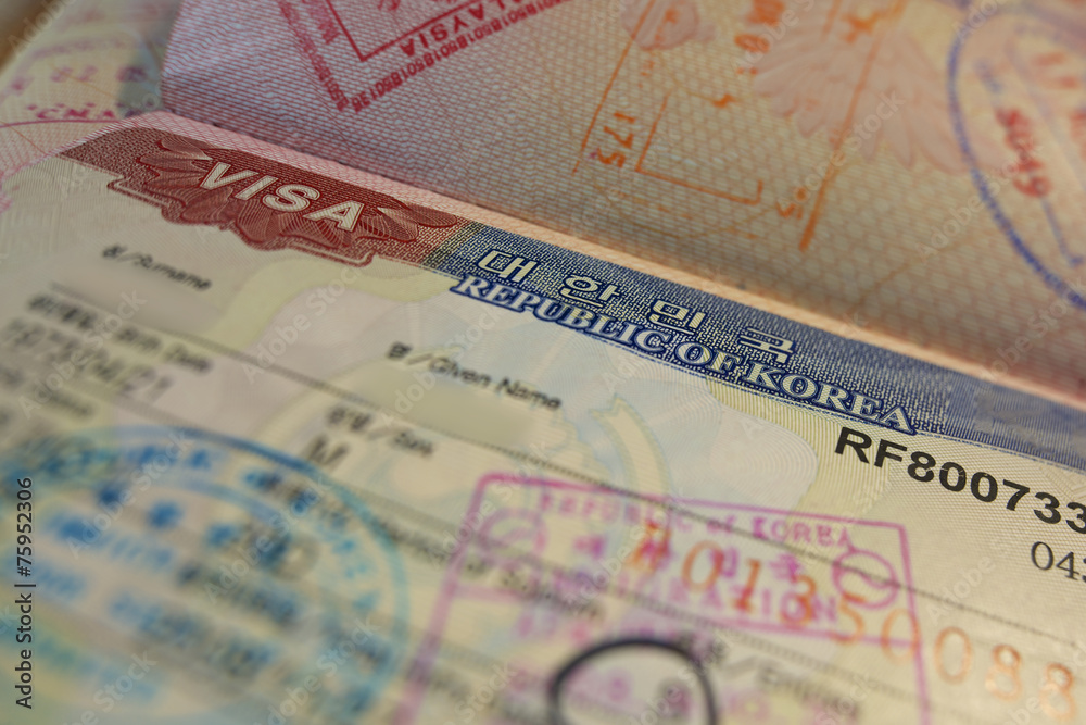 Passport page with Korean visa and immigration control stamps. Stock ...