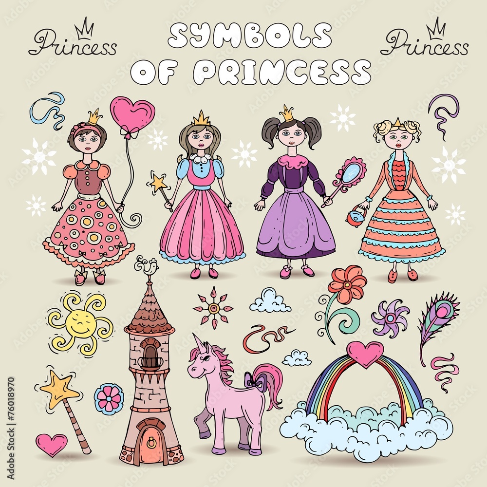 Vector illustration with cartoon set of little princess symbols Stock ...