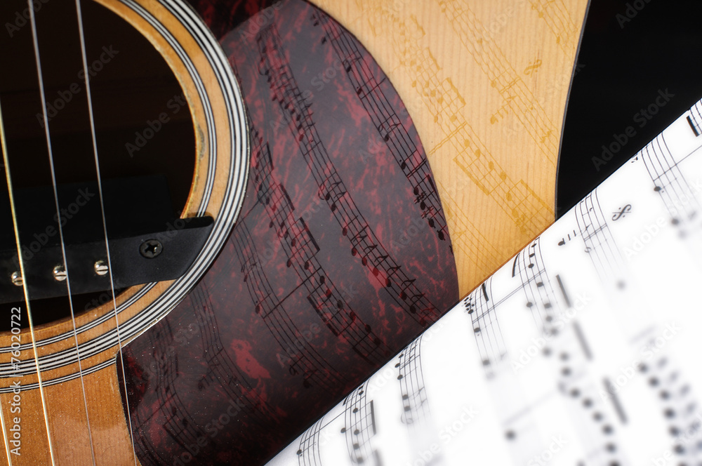 Music notes and reflection on acoustic guitar surface Stock Photo ...
