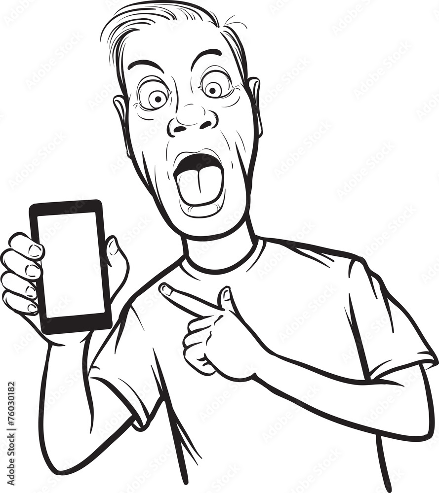 line drawing of crazy man showing a mobile app on a smart phone Stock ...