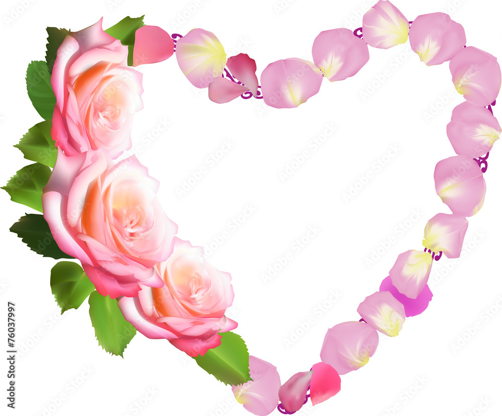 heart symbol from pink rose flowers and petals isolated on white Stock ...
