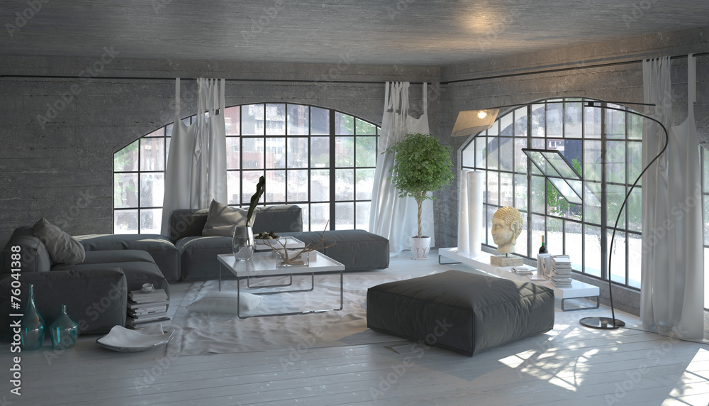 Modern living room interior with arched windows Stock Illustration ...