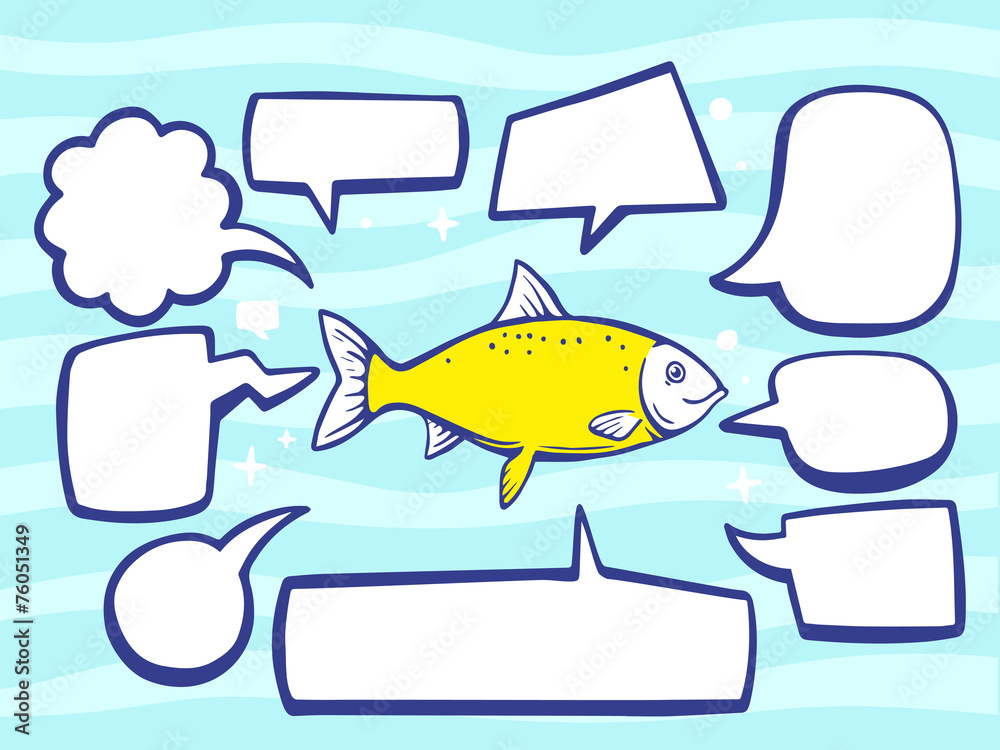 Vector illustration of fish with speech comics bubbles on blue p Stock ...