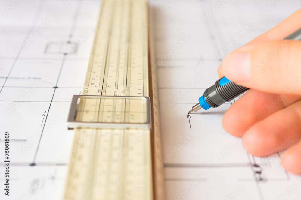 Drawings with pen for draw hold hand and a slide rule. Angle vie Stock ...