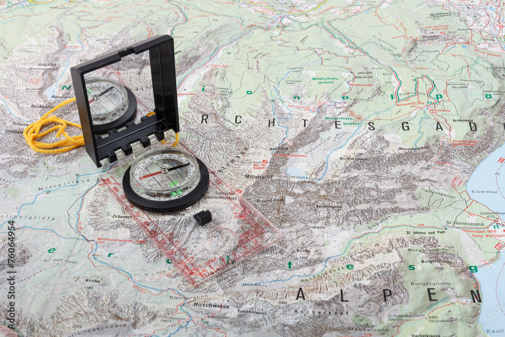 Compass on a hiking map of the Berchtesgaden Alps Stock Photo | Adobe Stock