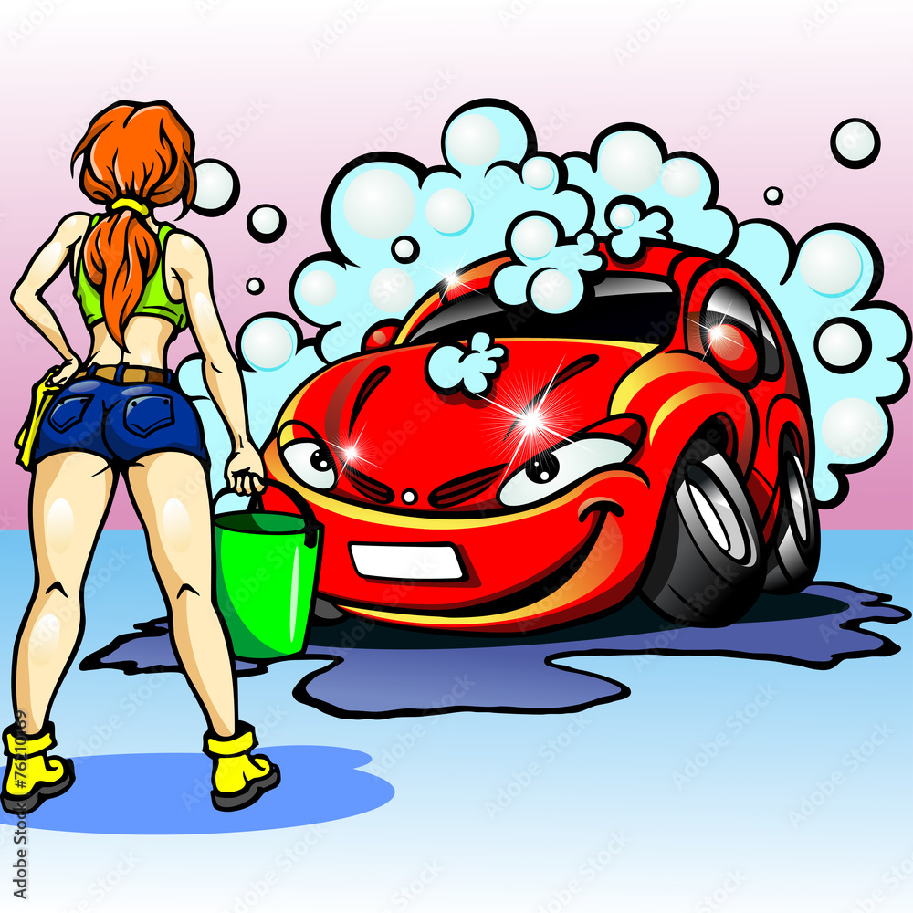 girl washes the car, auto repair, car wash, is back with a bucke Stock ...