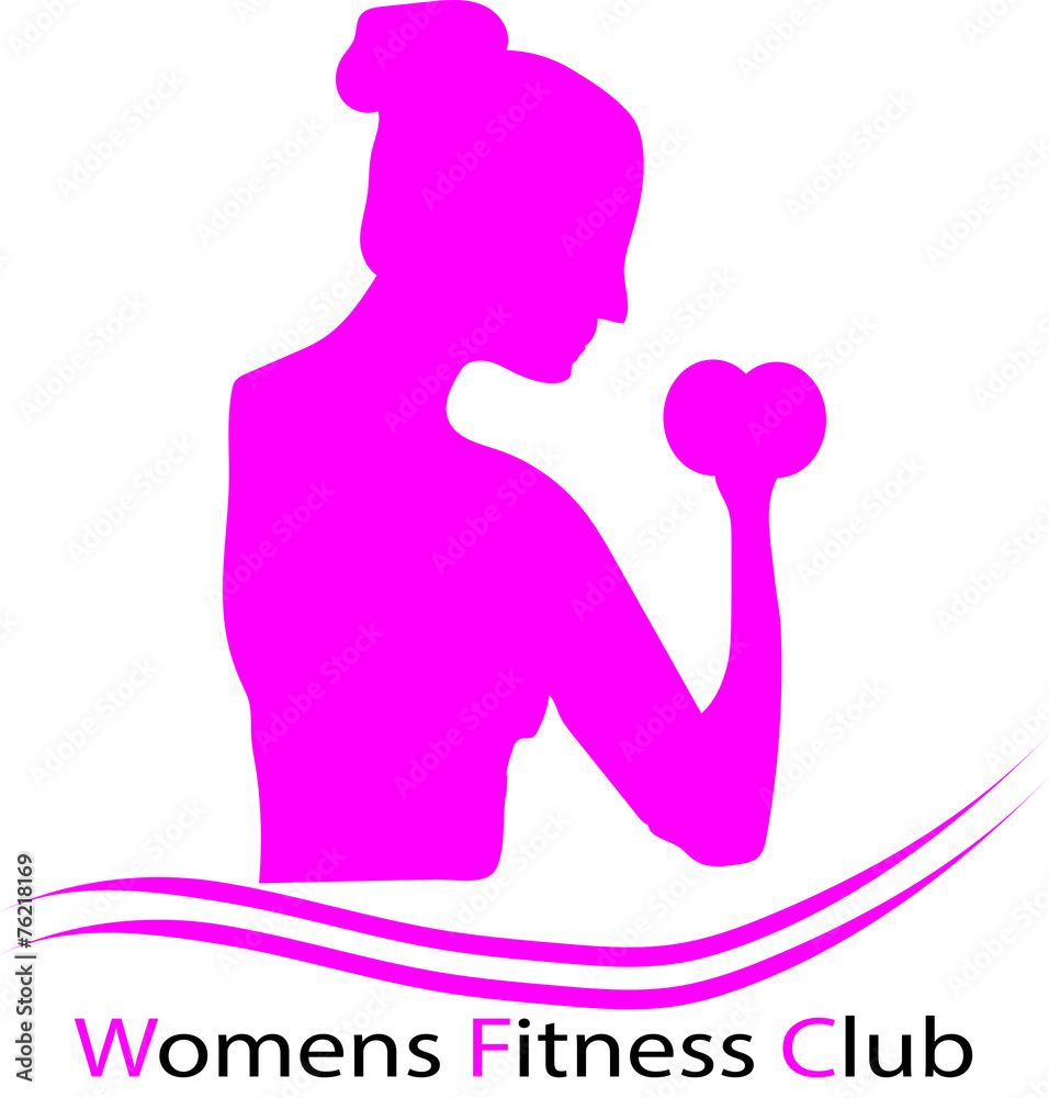 Pink Fitness logo with muscled woman silhouette holds dumbbells Stock ...