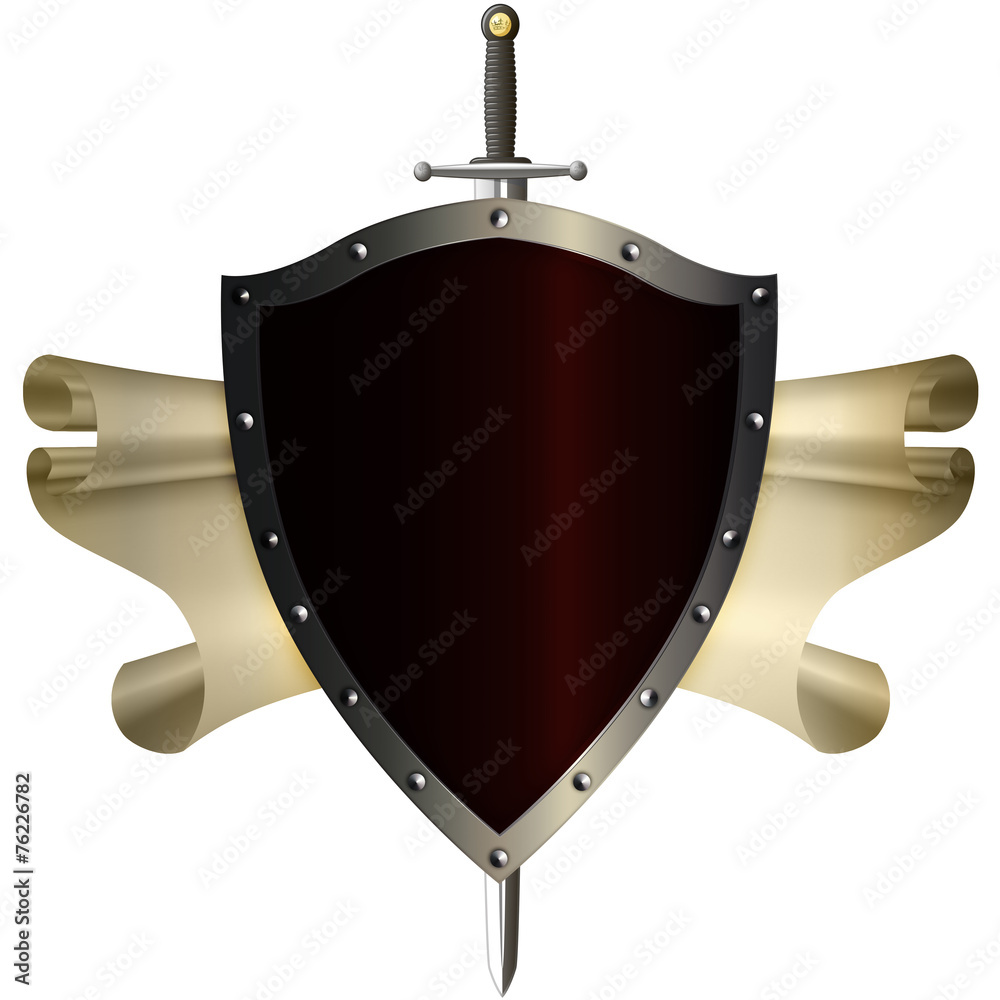Ancient shield with sword and scroll. Stock Illustration | Adobe Stock
