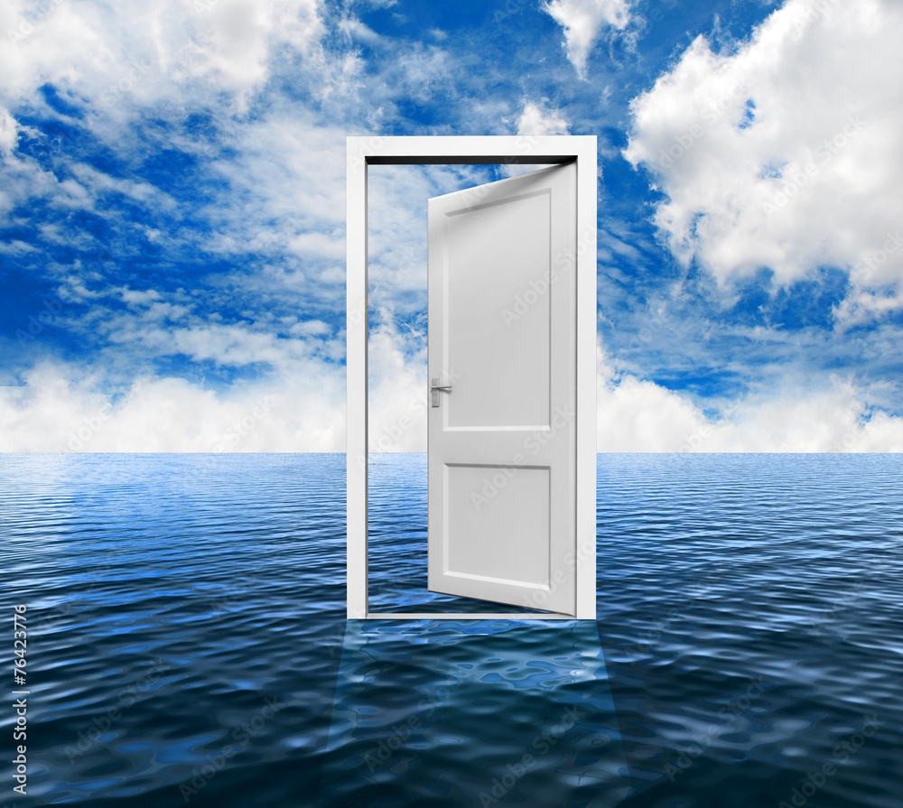 3D white door opened on the water to a nice sky background Stock Photo ...