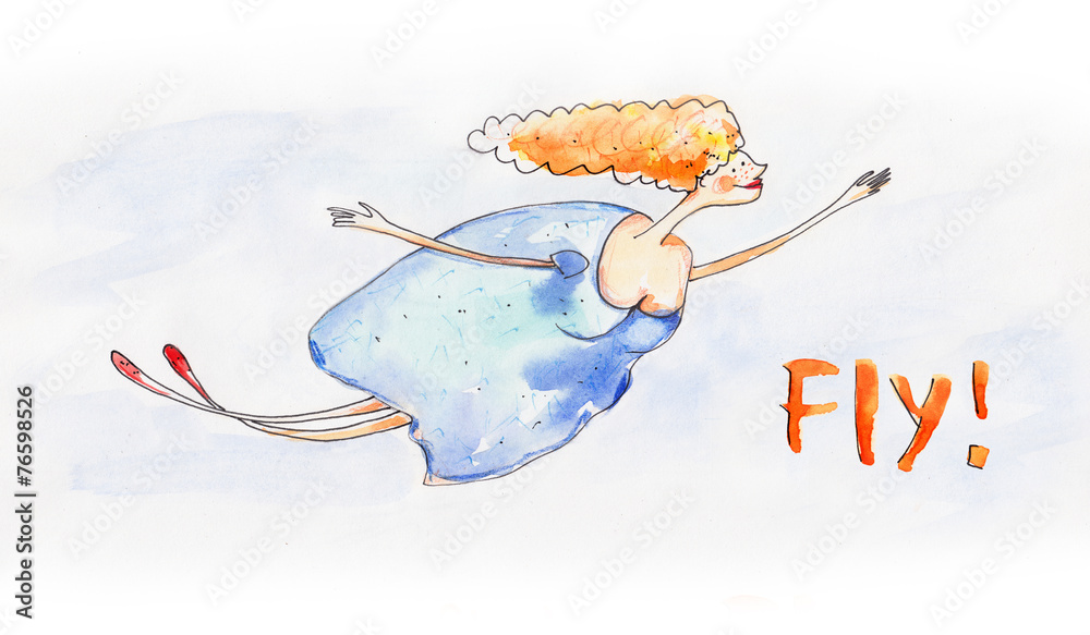 fly. woman. watercolor. hand drawing Stock Illustration | Adobe Stock