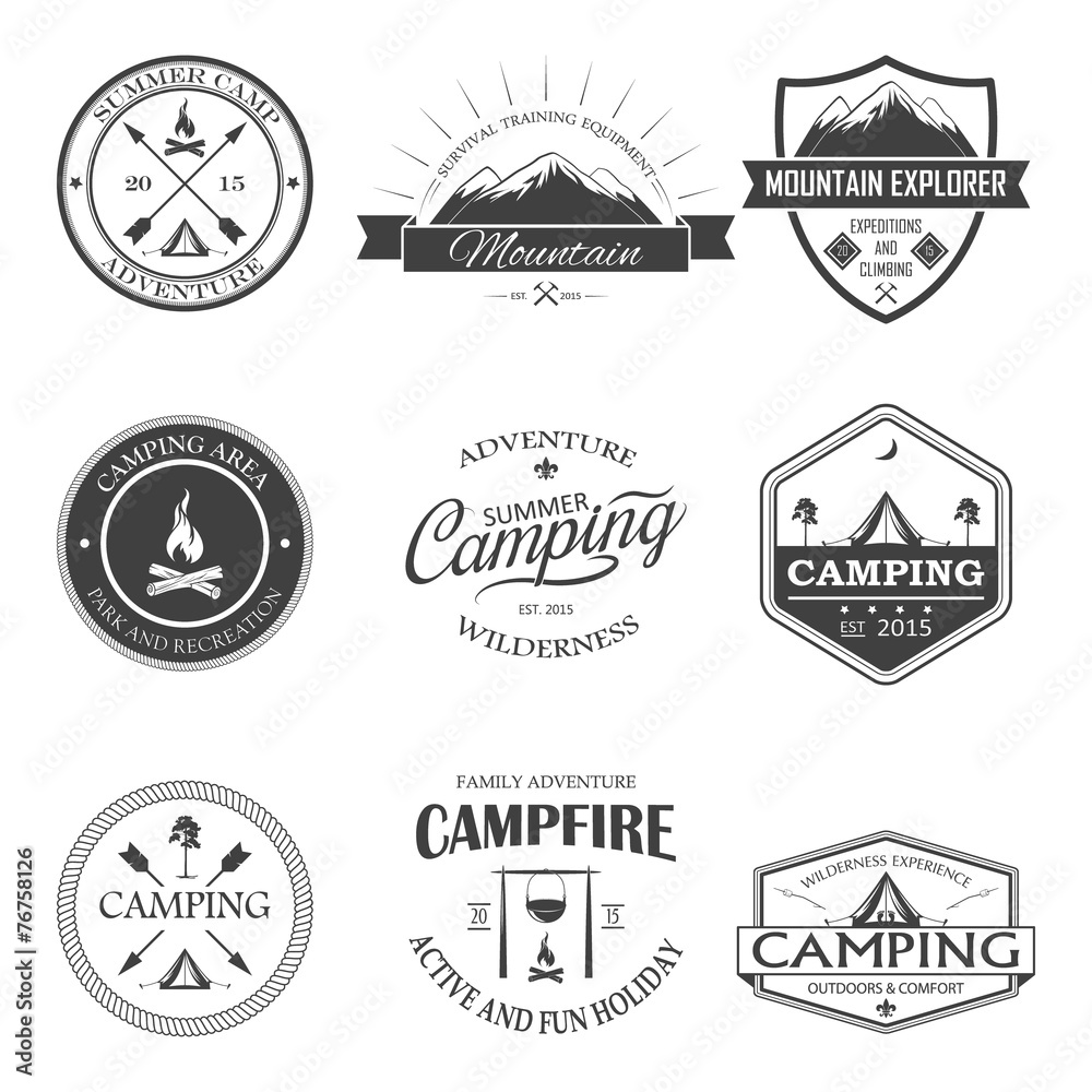 Camping labels set vector de Stock | Adobe Stock