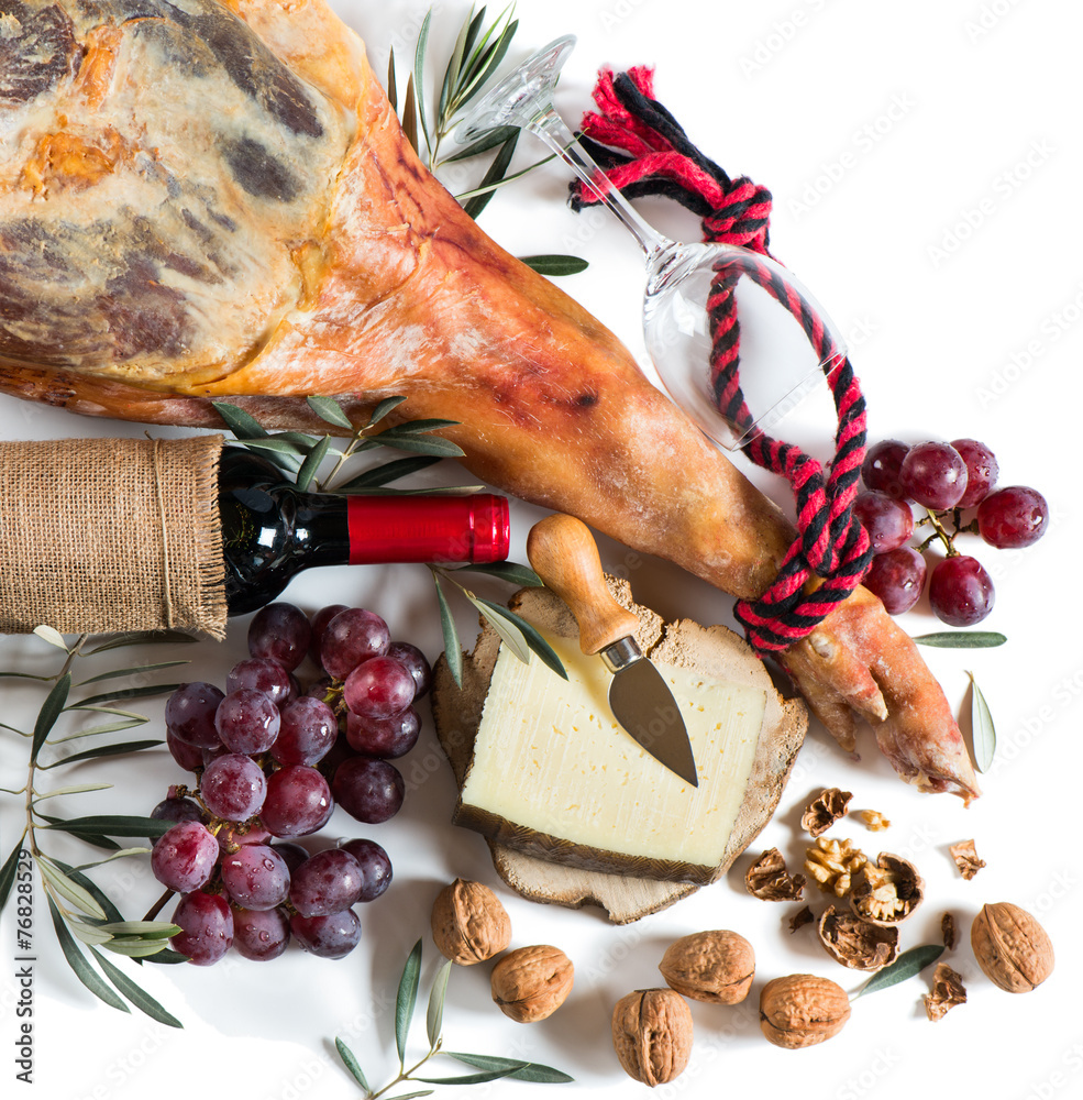 Spanish jam. fruits, cheese cheese and a bottle of wine Stock Photo ...