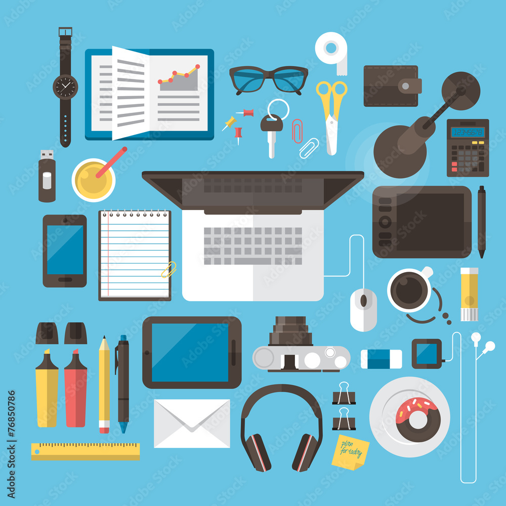 Office desk and workspace concept with flat modern icon design Stock ...