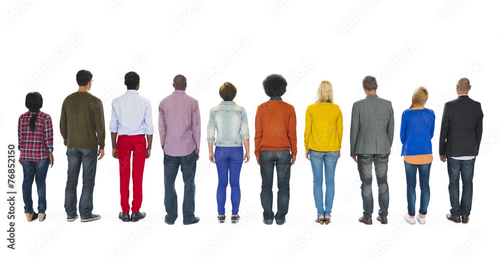 Diverse People In A Row Rear View White Background Stock Photo | Adobe ...