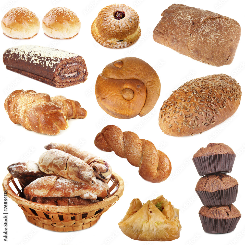 Collage of different pastries and bakery items, isolated Stock Photo ...