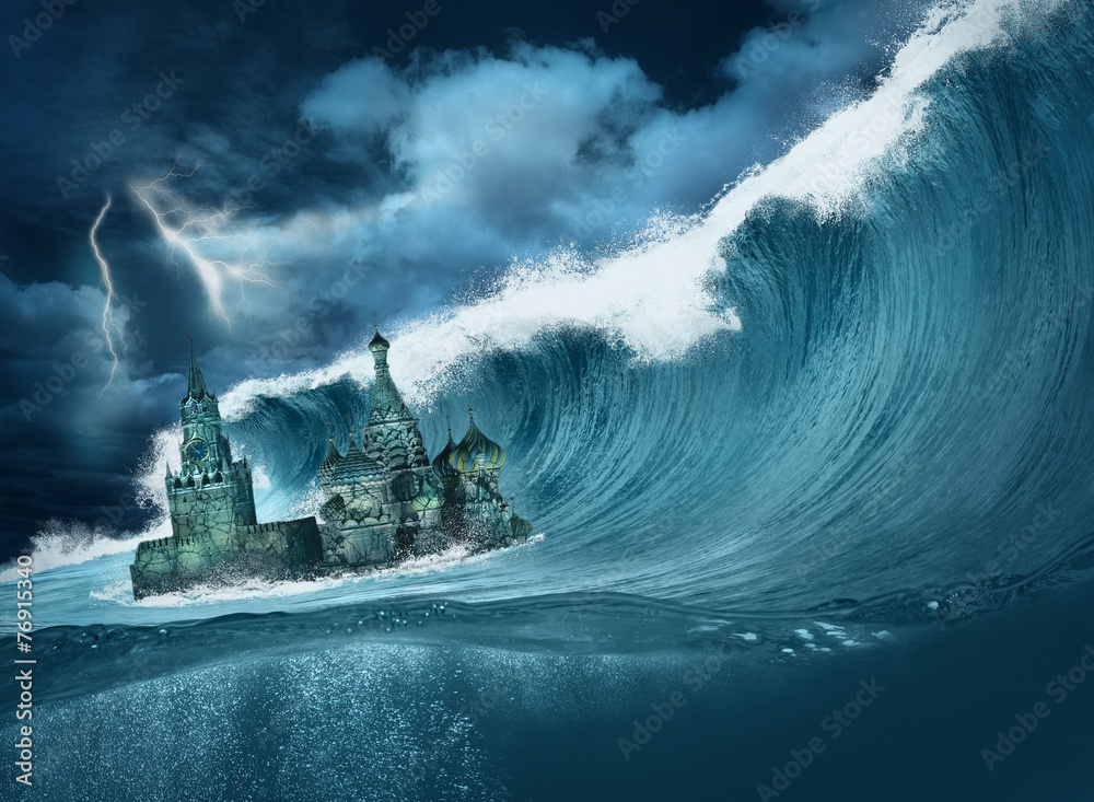 Apocalypse flood Kremlin with giant wave Stock Photo | Adobe Stock