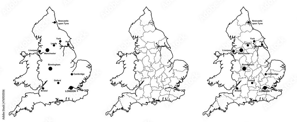 Poster Maps of England with and without counties and major cities ...