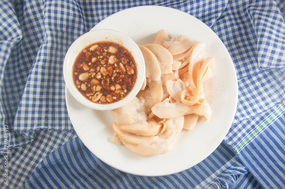 Sweet fish sauce ready to serve with Santol fruit Thai traditio Stock ...