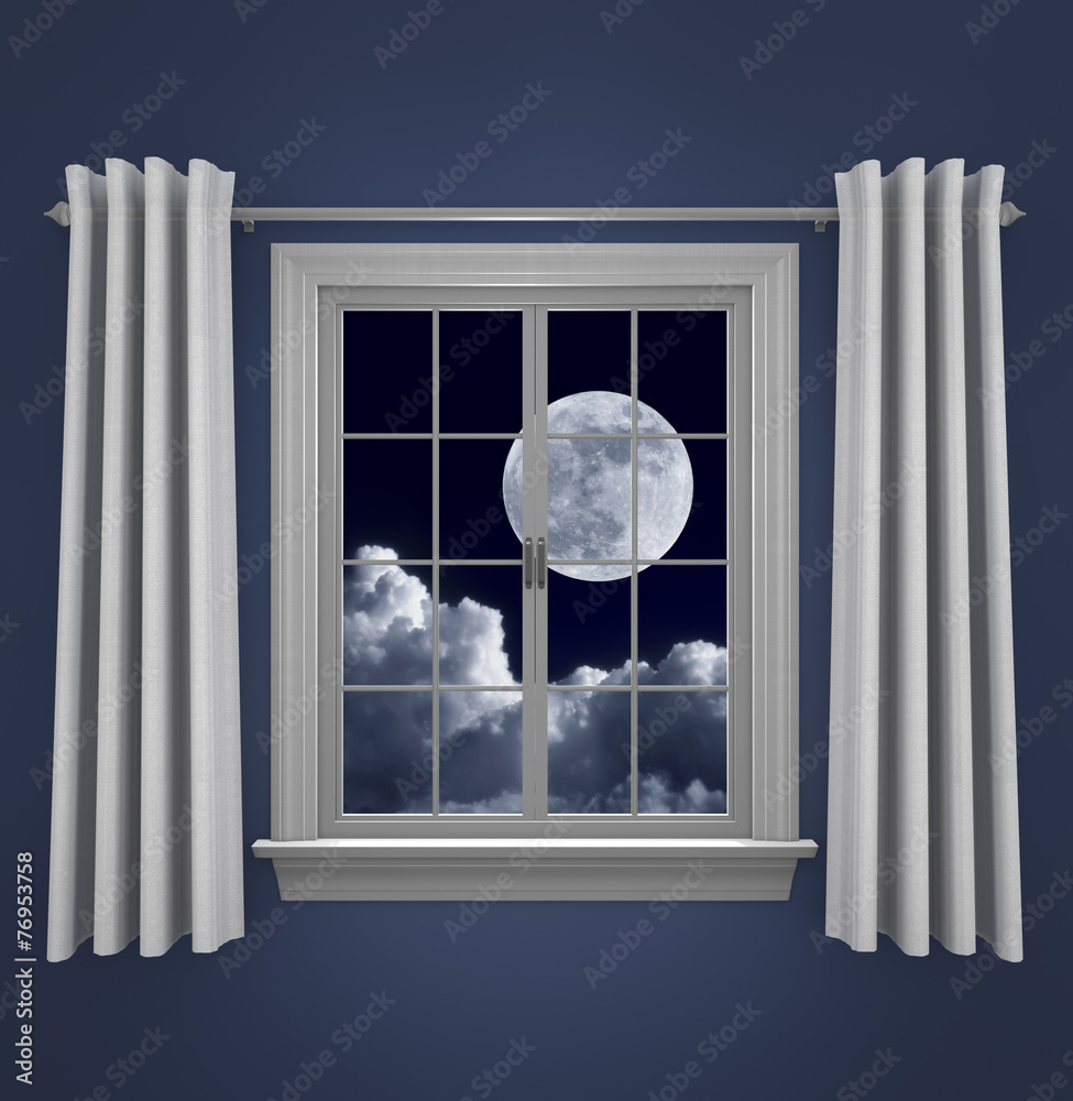 Full moon in night sky shining through a bedroom window Stock ...